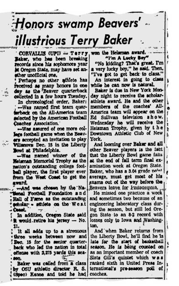 From the archives: Honors swamp Beavers’ illustrious Terry Baker | The ...